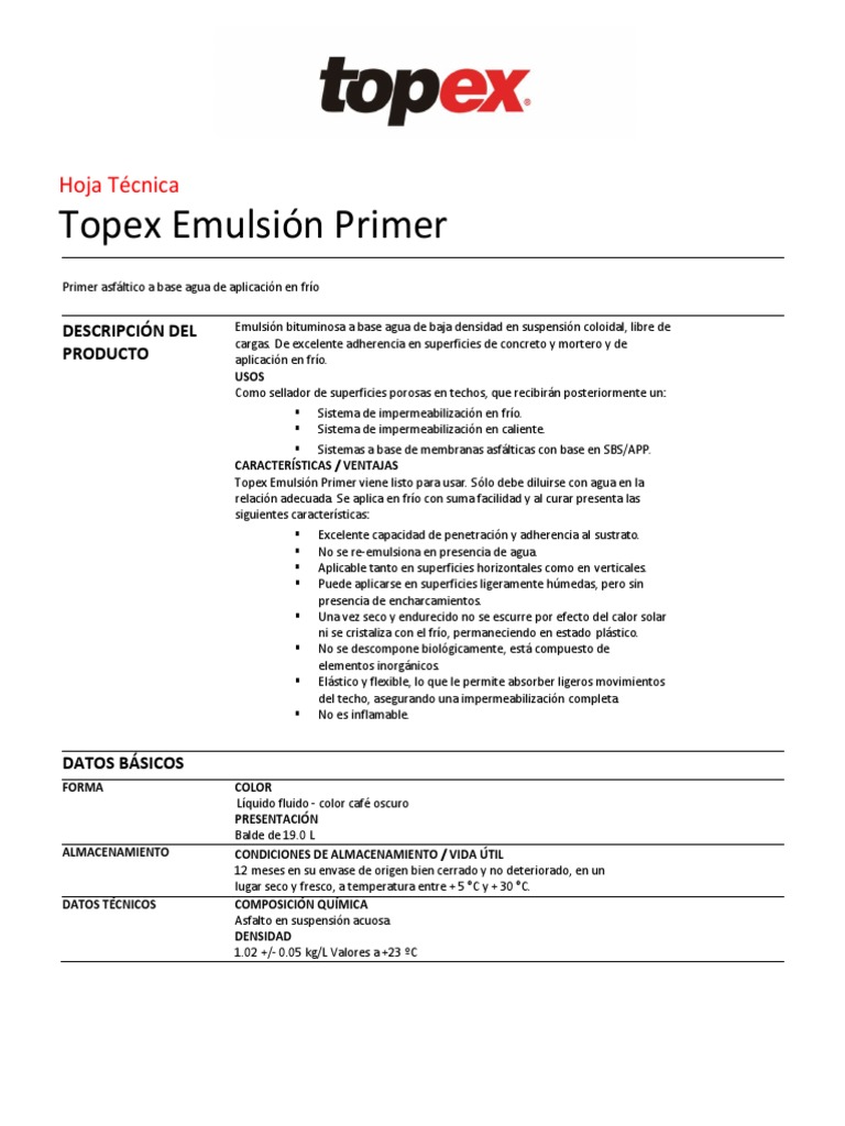 Ficha Técnica - TOPEX EMULSION PRIMER | PDF | Agua | Emulsión