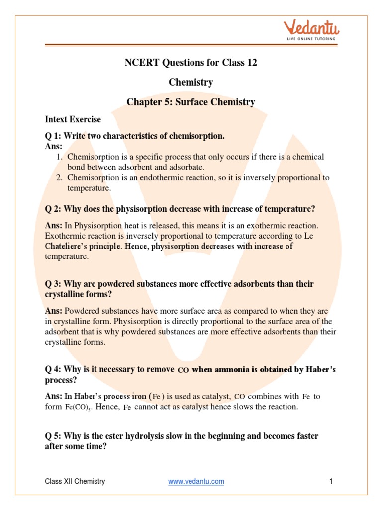 Class 12 - Chemistry - Surface Chemistry | PDF | Adsorption | Catalysis