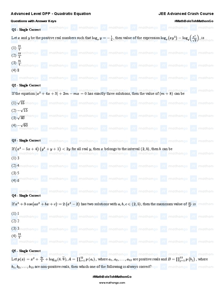 JEE Advanced Quadratic Equation DPP | PDF | Zero Of A Function | Equations