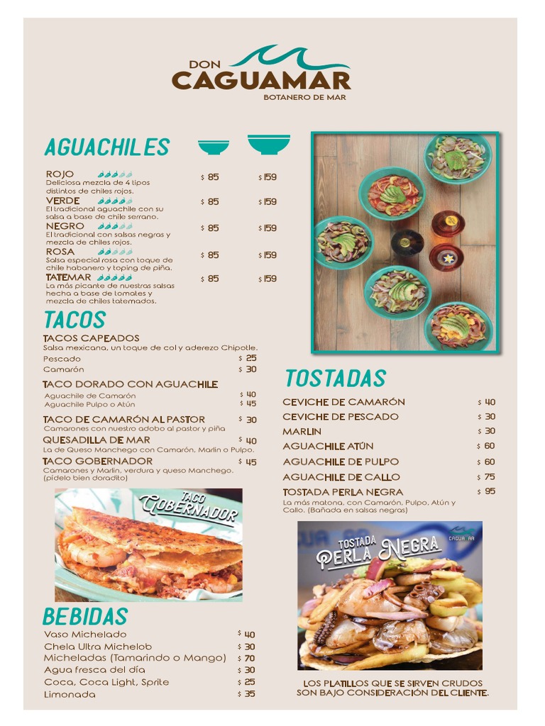 Menú de Aguachiles y Mariscos Caguamar | PDF | Ingredientes de comida ...