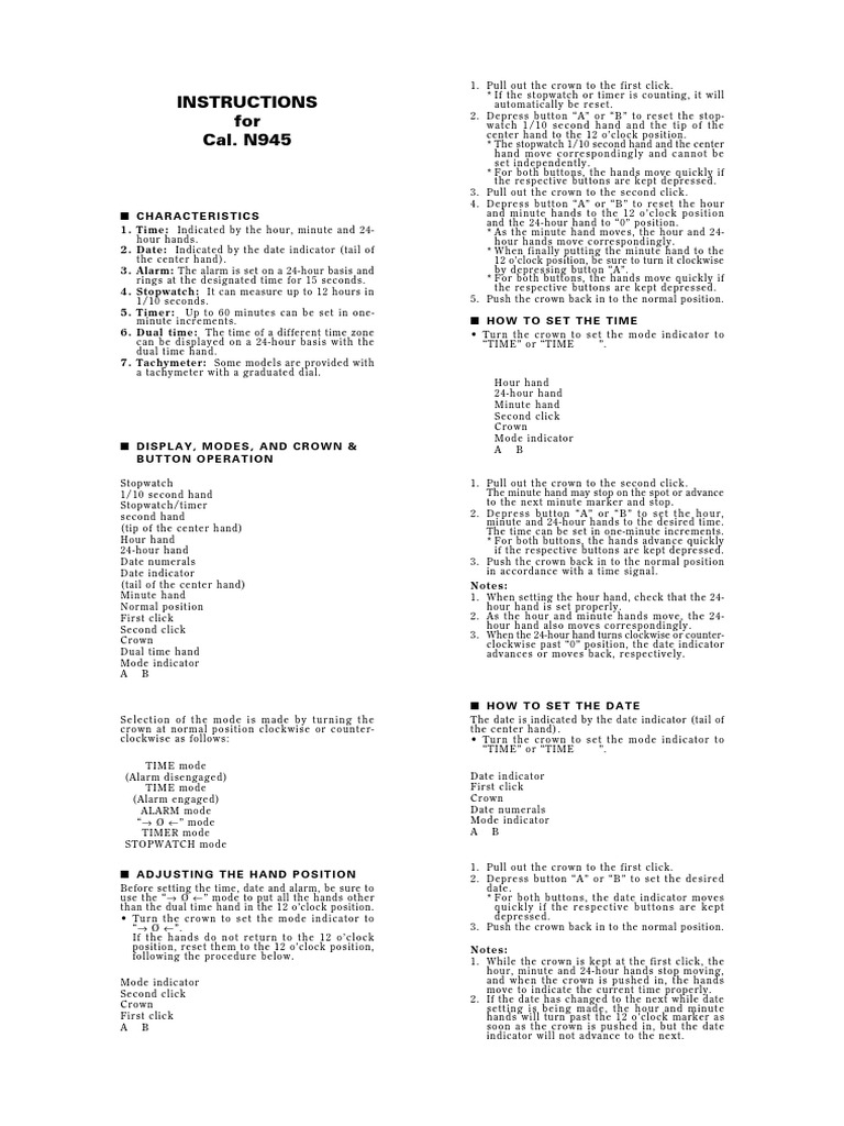 Instructions For Cal. N945: Characteristics | PDF | Clock | Watch