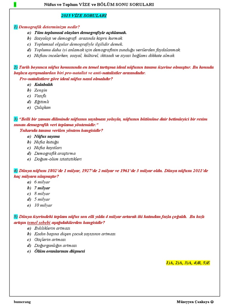 NÜFUS Ve TOPLUM - (60) VİZE+ (15) BÖLÜM SONU SORULARI) - (İŞARET-Lİ) | PDF