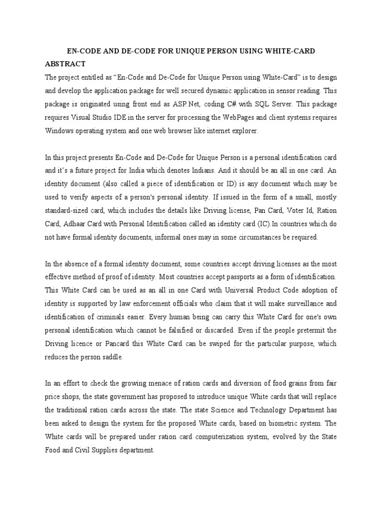 En-Code and De-Code For Unique Person Using White-Card | PDF | Identity ...