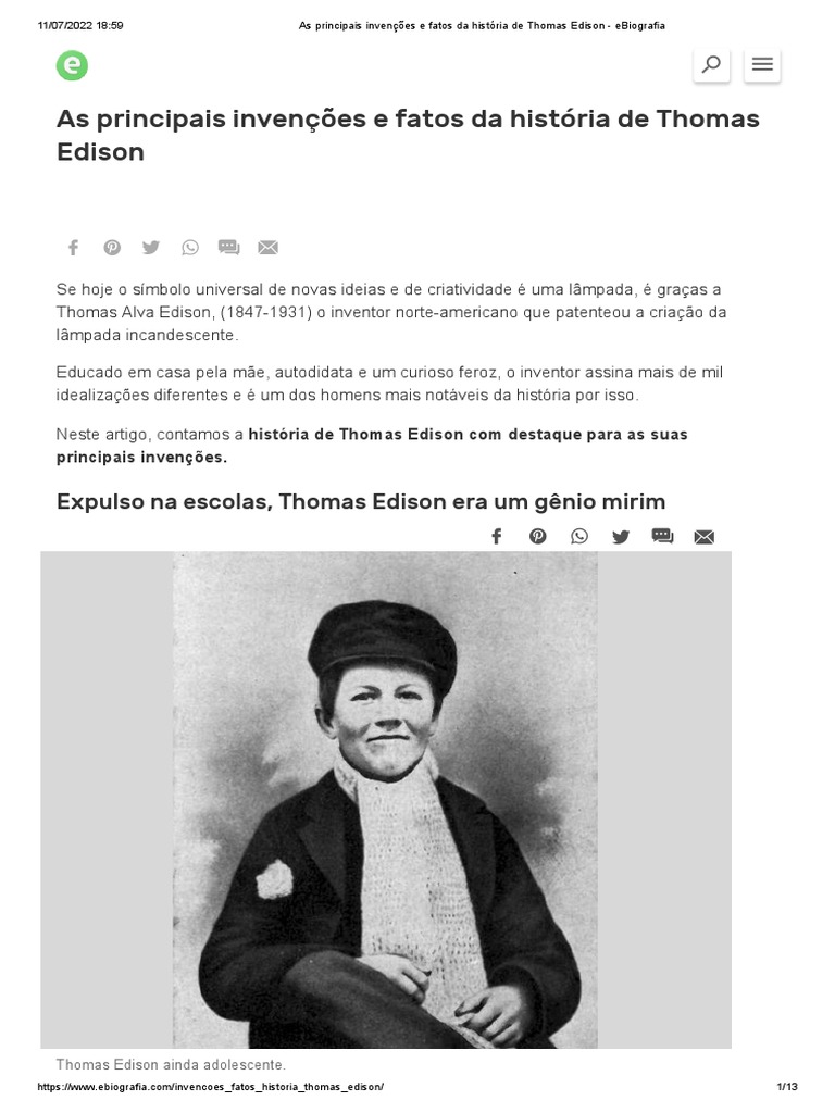 As Principais Invenções e Fatos Da História de Thomas Edison ...