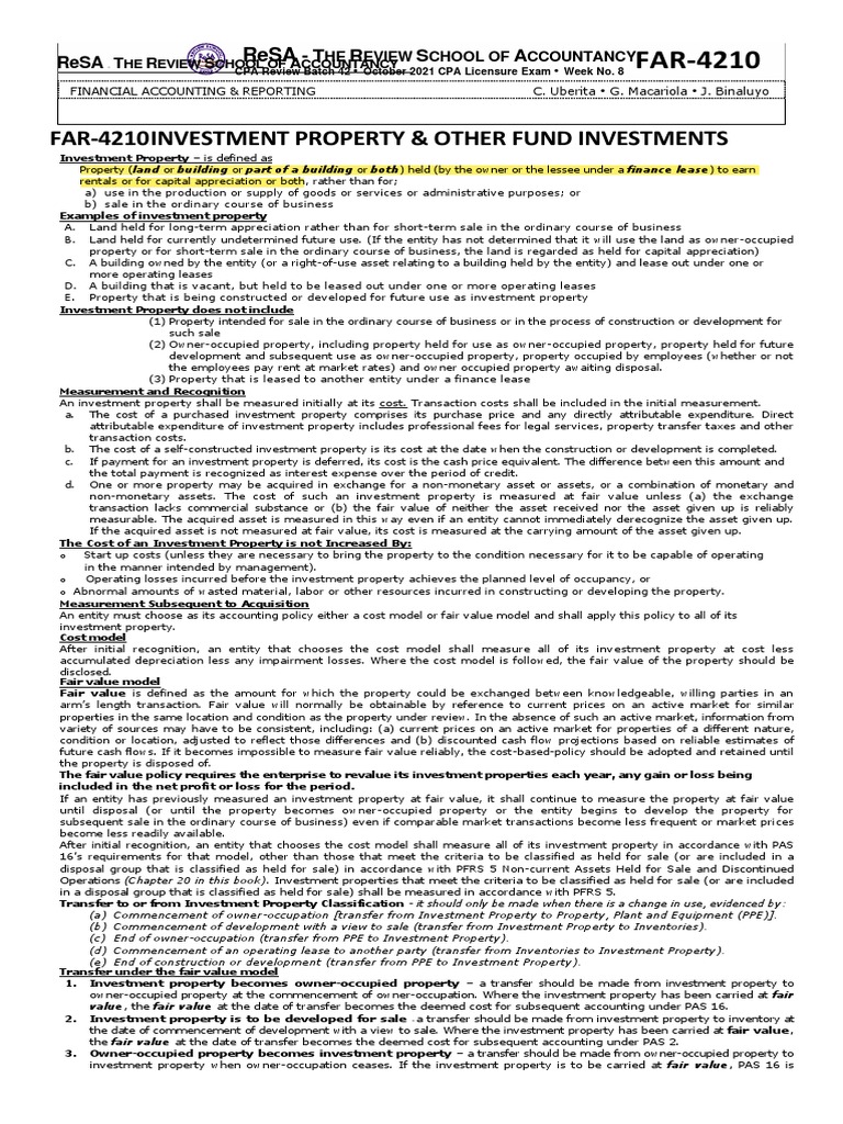 FAR-4210 Investment Property & Other Fund Investments: - T R S A Resa ...