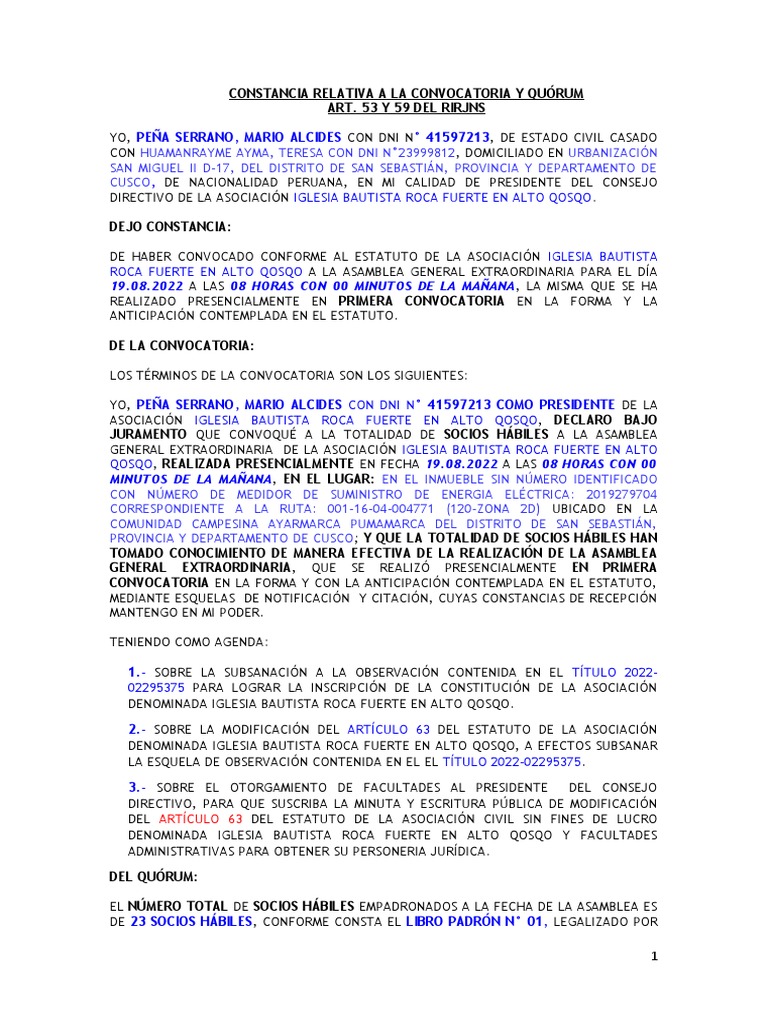 Constancia de Conv y Quorum de Acta Aclaratoria | PDF | Justicia | Crimen y violencia