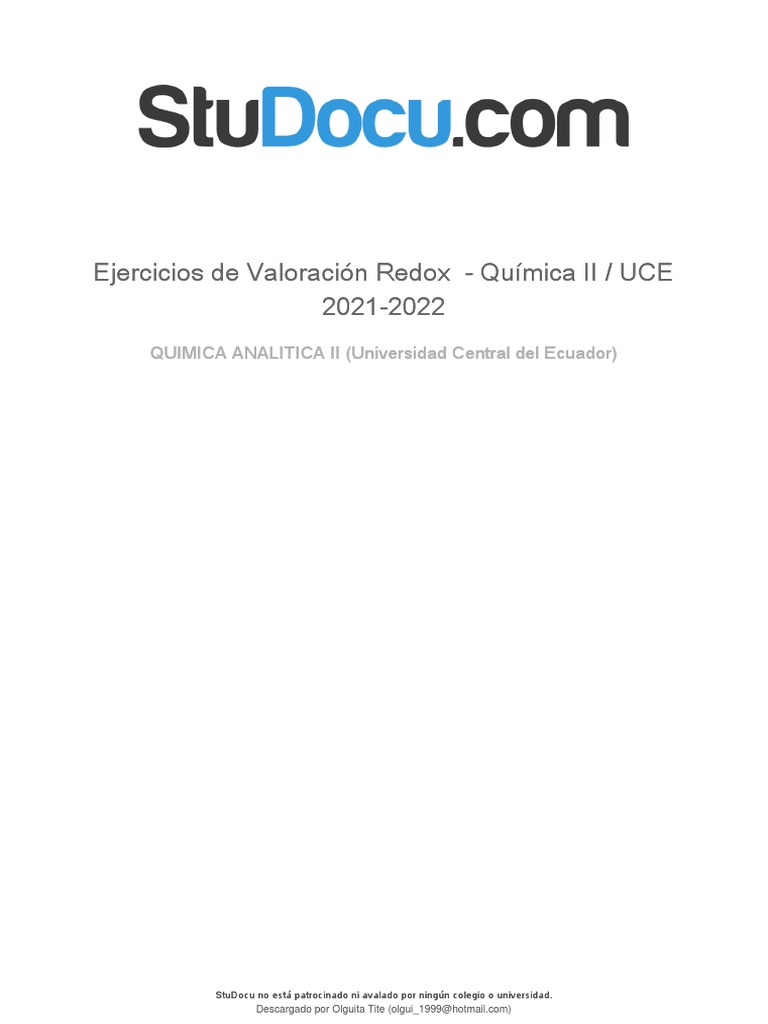 Ejercicios de Valoracion Redox Quimica II Uce 2021 2022 | PDF | Redox | Valoración