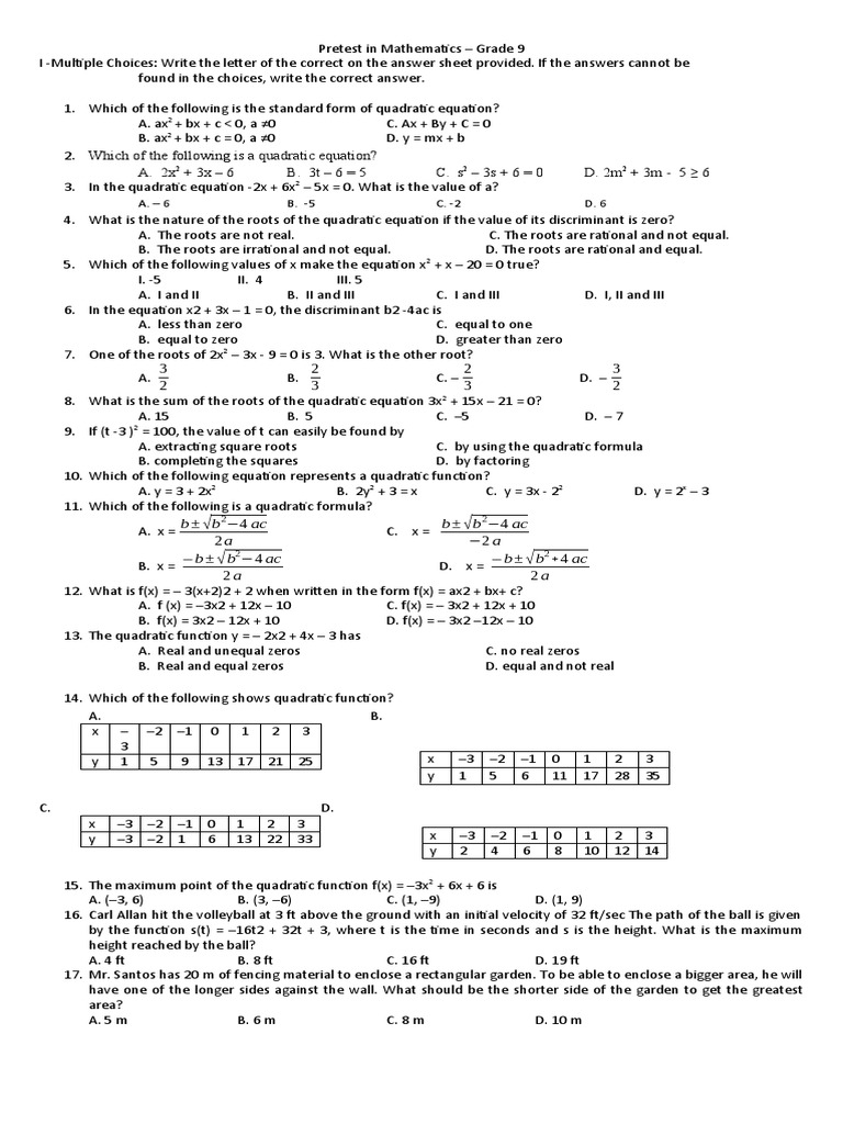 G9 Pretest For Division Office 19 | PDF | Quadratic Equation | Triangle