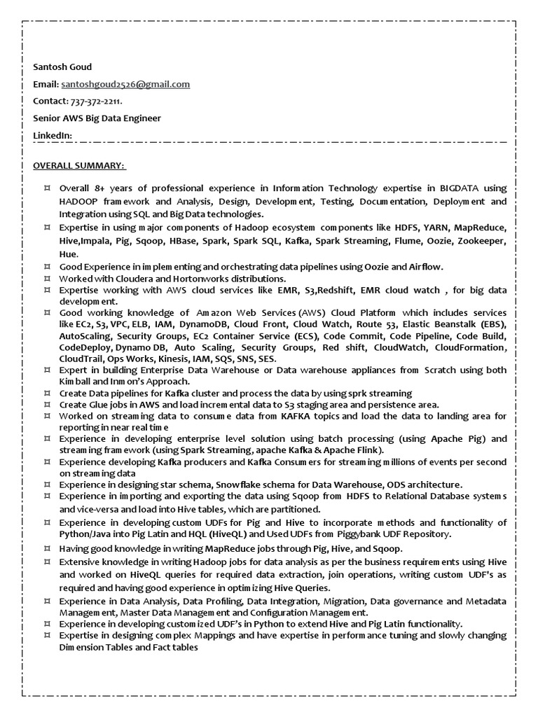 Senior AWS Big Data Engineer Profile | PDF | Apache Spark | Apache Hadoop