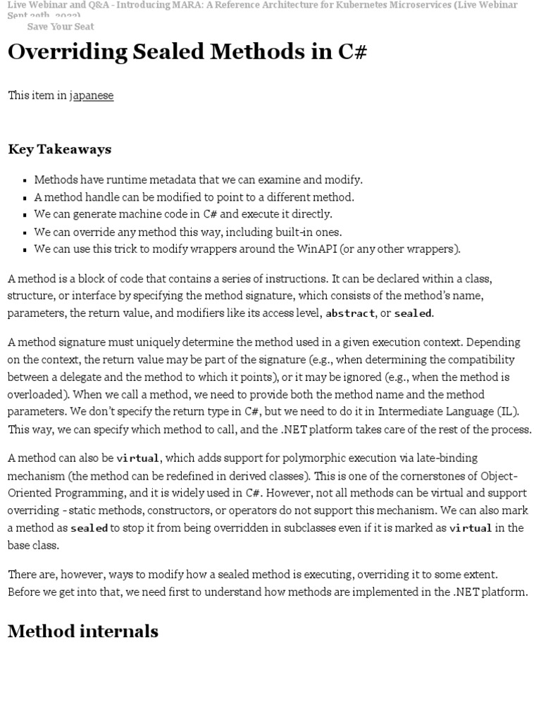 Overriding Sealed Methods in C#: Key Takeaways | PDF | Method (Computer Programming) | C Sharp ...