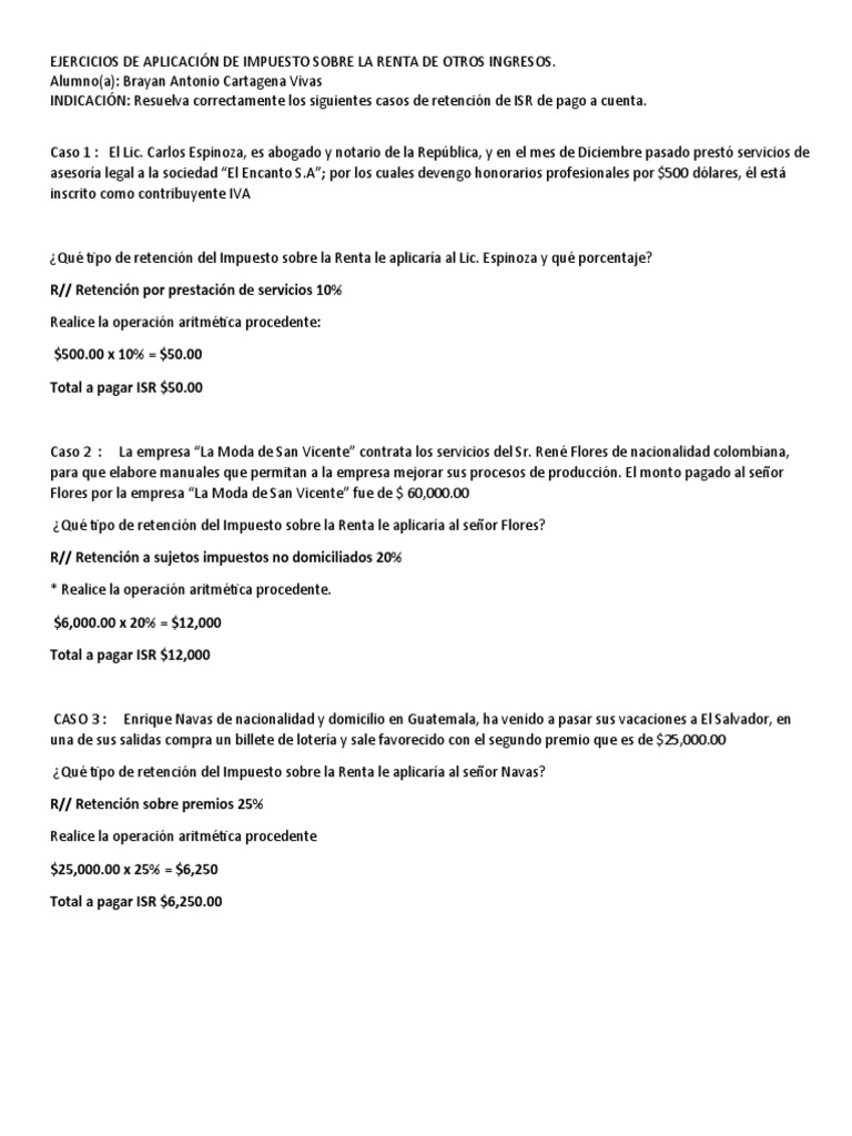 2022 Ejercicios de Aplicación de Impuesto Sobre La Renta de Otros Ingresos | PDF | Impuesto ...