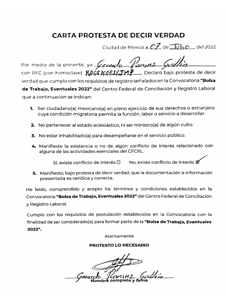 Carta Protesta de Decir Verdad | PDF