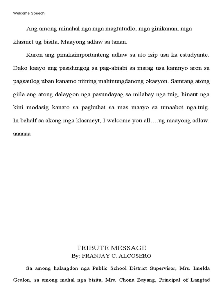 Kindergarten Moving Up Speech Binisaya | PDF