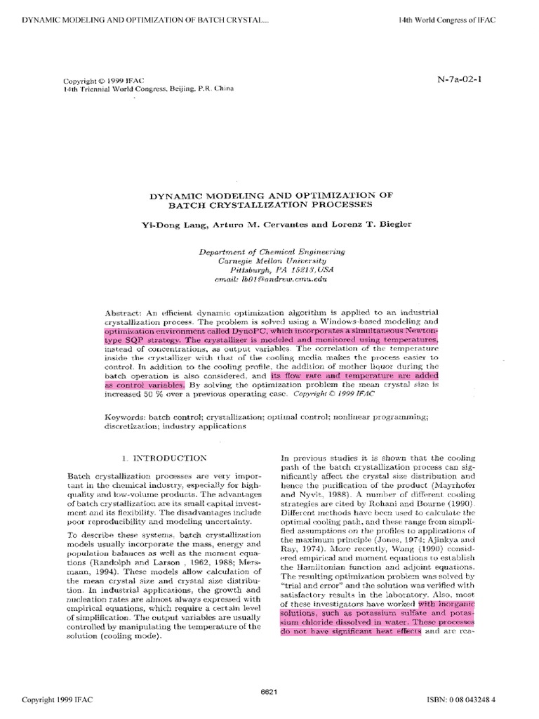 Dynamic Modeling and Optimization of Batch Crystallization Processes | PDF | Crystallization ...
