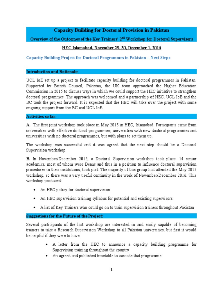 Report On Capacity Building Project For Doctoral Programmes in Pakistan ...