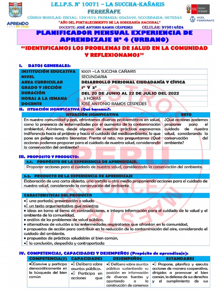 PLANIF. EDA 4 DPCC 1°y2° 2022 URB. Maestros y Maestras Del Perú | PDF