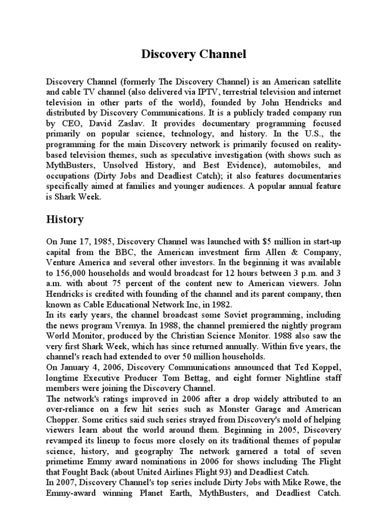 Discovery Channel: History | PDF | Entertainment (General)