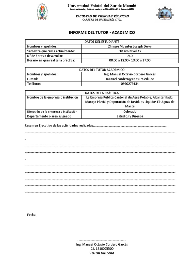 Informe Del Tutor - Academico: Dirección de La Empresa o Institución | PDF | Hidrología ...