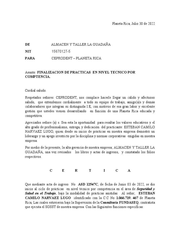 Carta de Culminacion de Practicas | PDF | Business