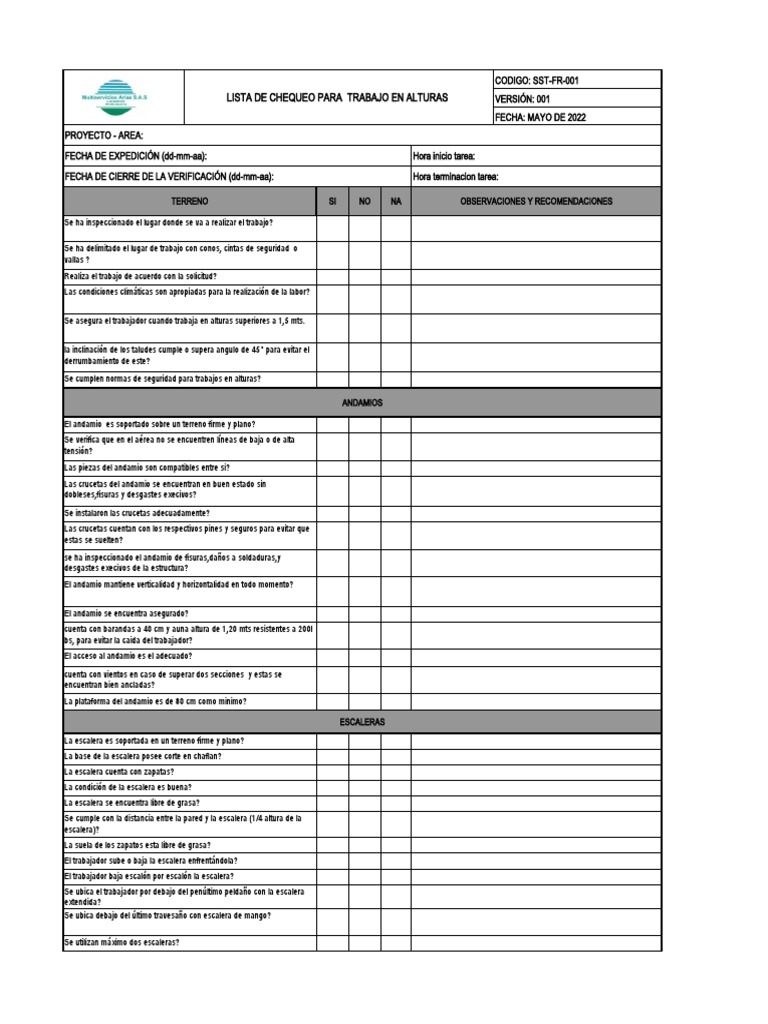 Lista de Chequeo para Trabajo en Alturas | PDF | Andamio | Escalera