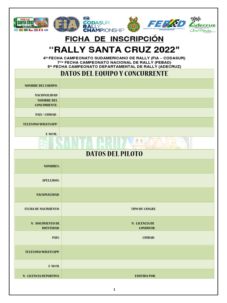 FICHA DE INSCRIPCIÓN RALLY SCZ 22 | PDF | Vehículo de motor