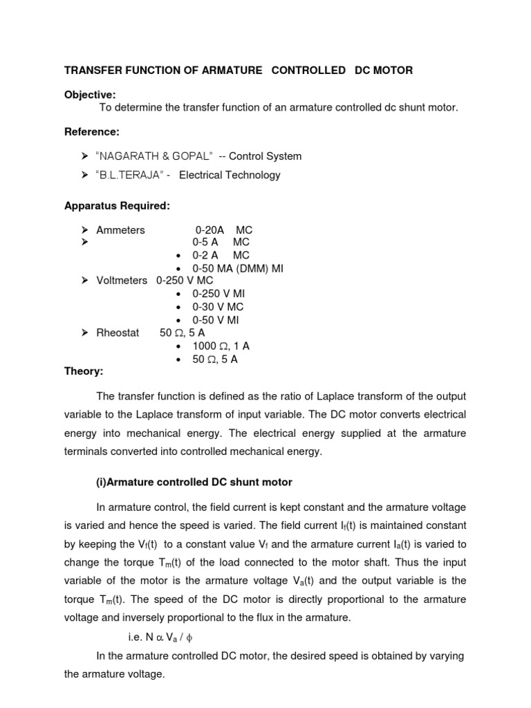Transfer Function of Armature Controlled DC Motor | PDF | Electric ...