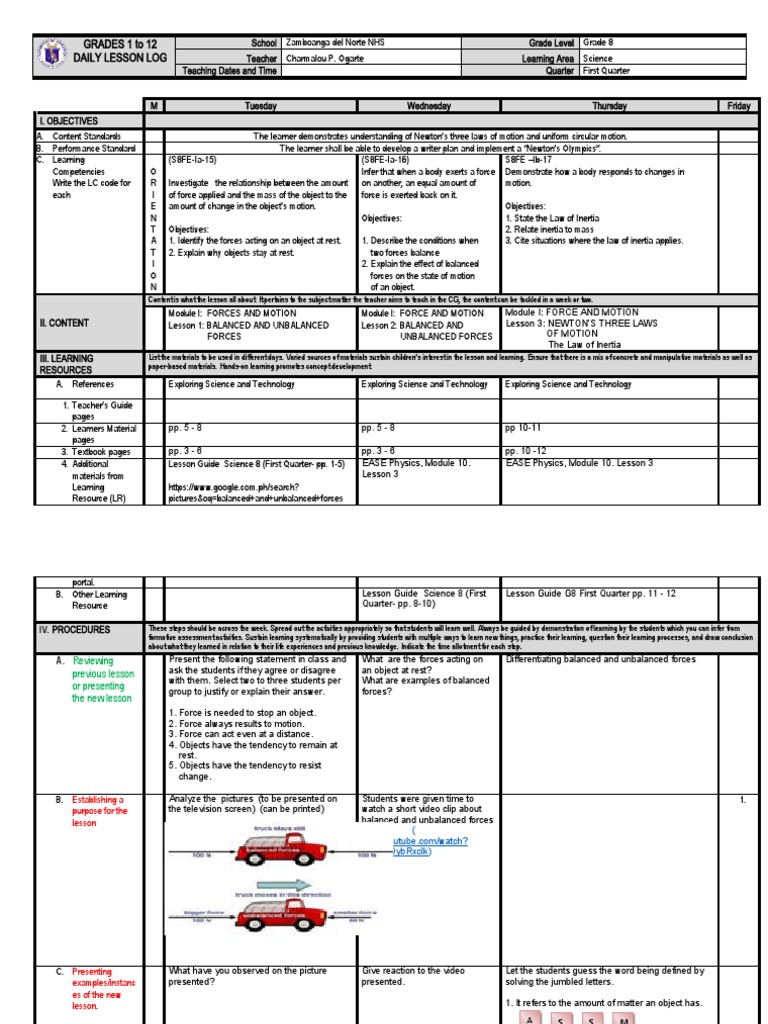 Ogarte - Science 8 - DLL - Q1 - W1 | Download Free PDF | Force | Newton ...