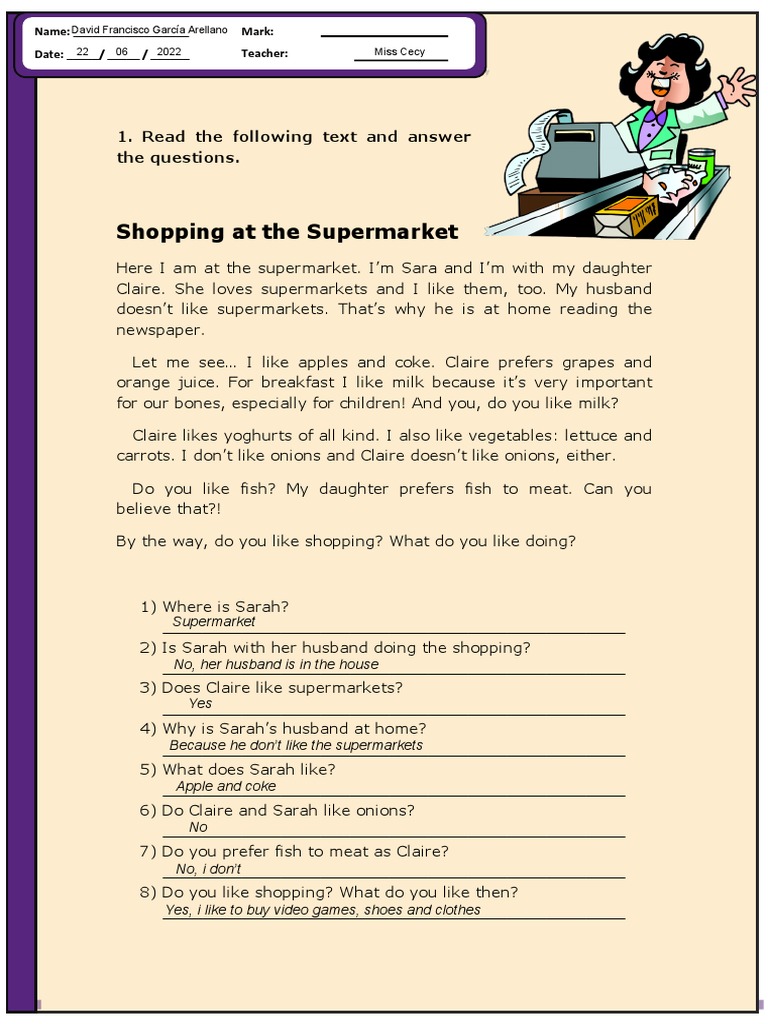 Shopping at The Supermarket: 1. Read The Following Text and Answer The ...