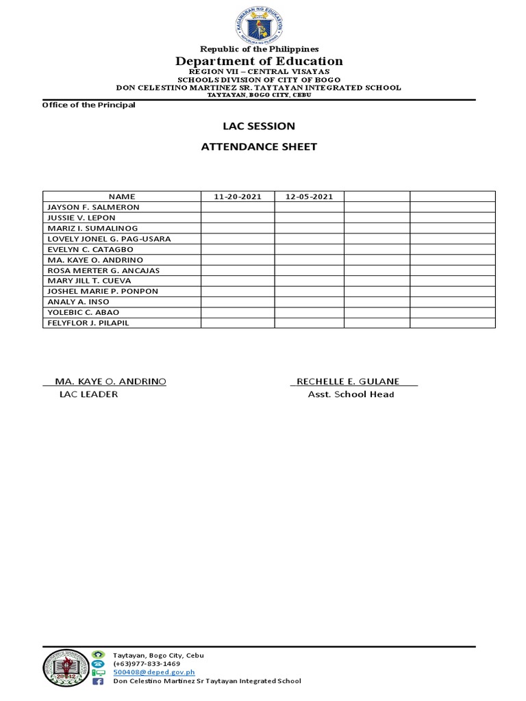 Department of Education: Lac Session Attendance Sheet | PDF | Behavior Modification | Learning