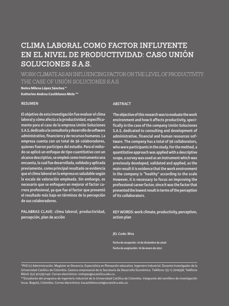 Clima Laboral Como Factor Influyente en El Nivel de Productividad: Caso Unión Soluciones S.A.S ...