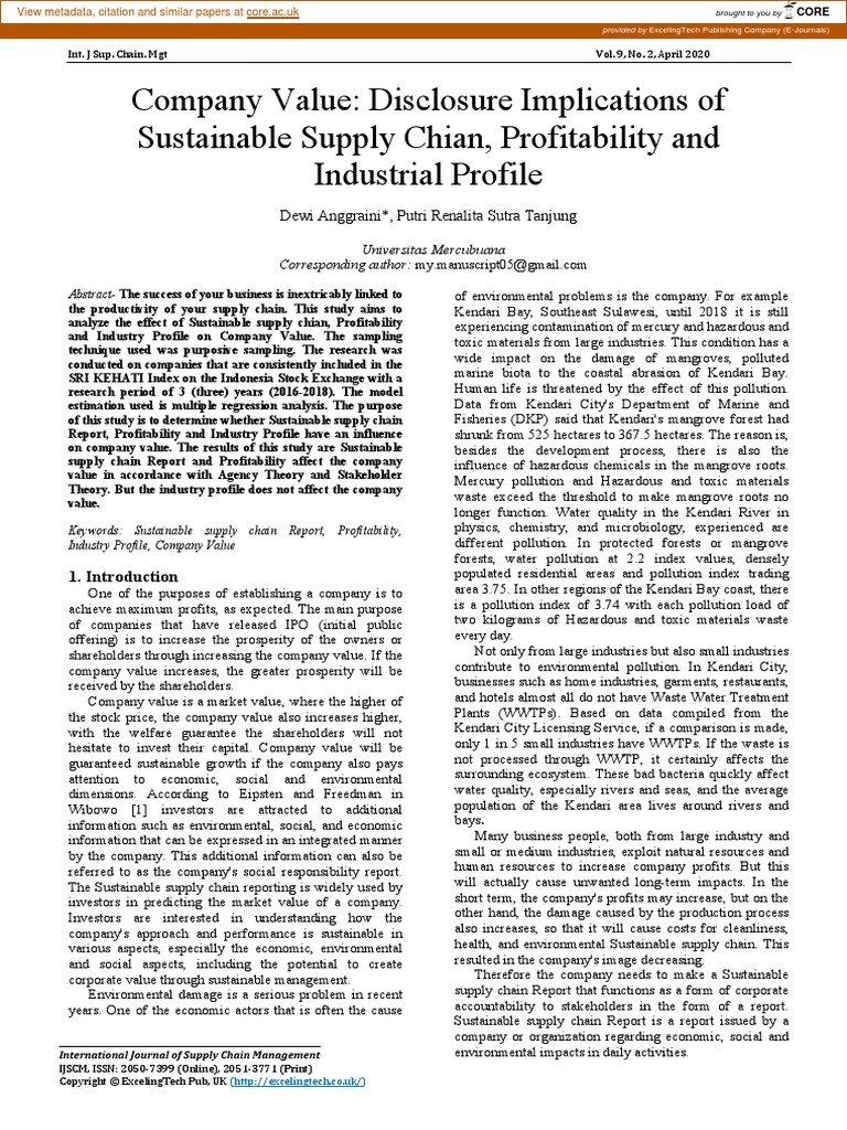 Company Value: Disclosure Implications of Sustainable Supply Chian ...