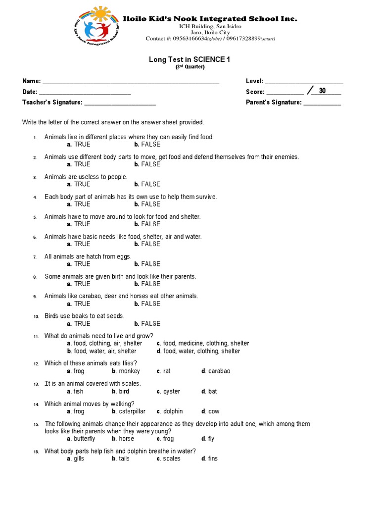 Long Test in SCIENCE 1: Iloilo Kid's Nook Integrated School Inc | PDF ...