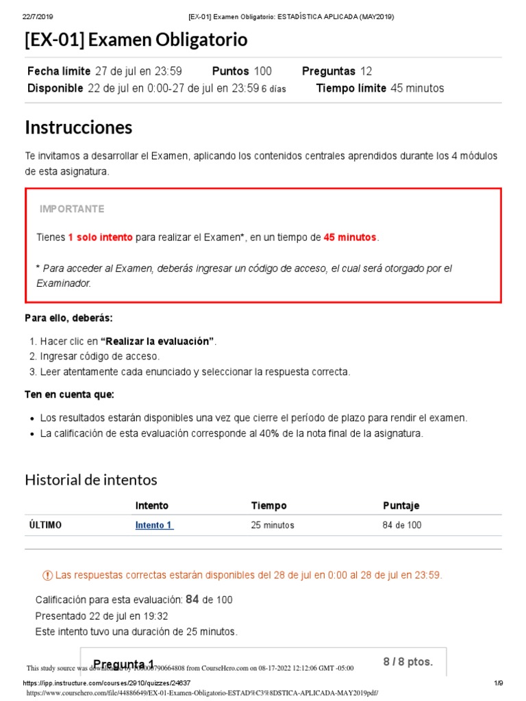 Ex 01 Examen Obligatorio Estad Stica Aplicada May2019 PDF | PDF | Media | Desviación Estándar