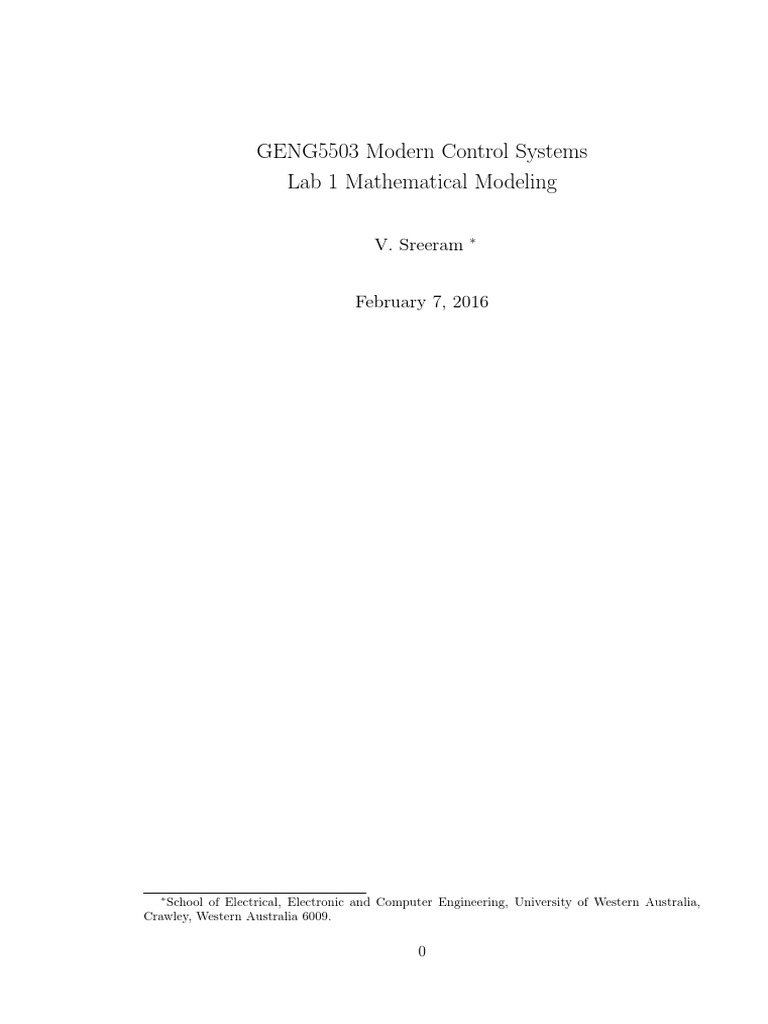 GENG5503 Modern Control Systems Lab 1 Mathematical Modeling: V. Sreeram | PDF | Matlab ...