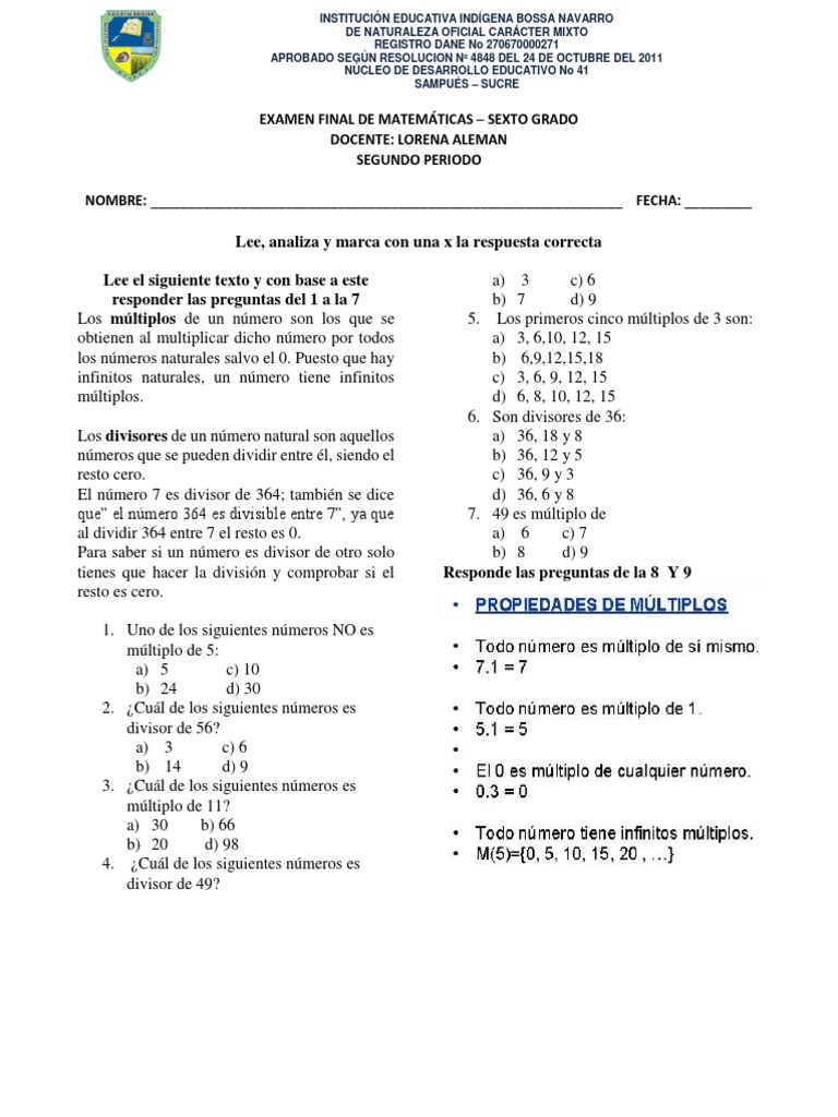 Examen Sexto - Segundo Periodo . - Matematica | PDF | Matemática Elemental