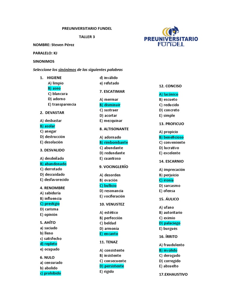 Taller de Sinónimos y Antónimos | PDF