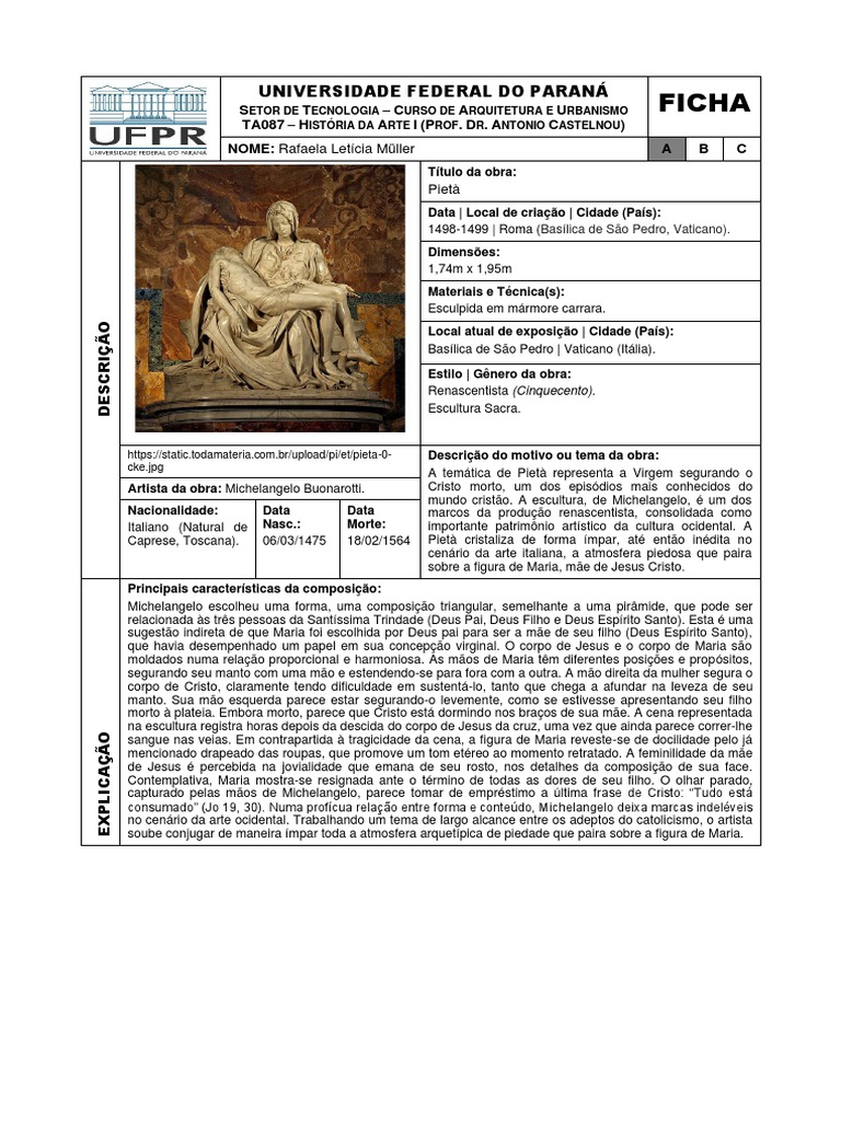 Análise de Pietá - Michelangelo | PDF | Michelangelo | Maria, mãe de Jesus