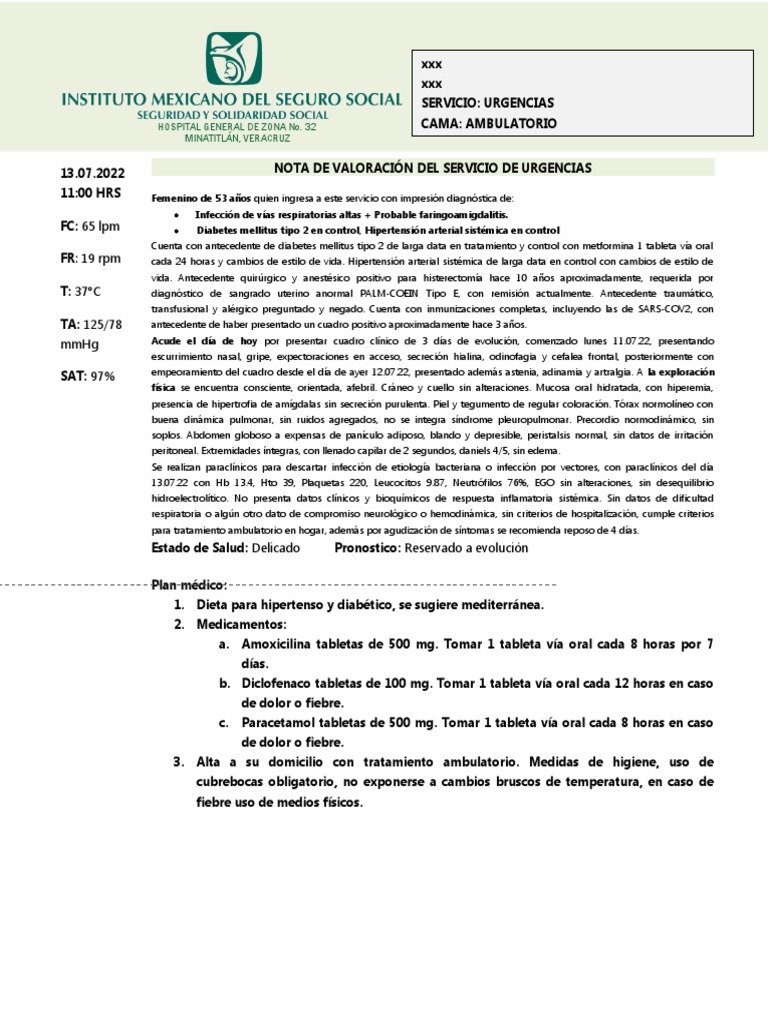 Ejemplo Nota Urgencias | PDF | Medicina CLINICA | Enfermedades y trastornos