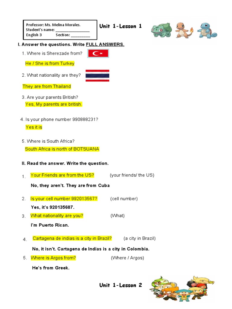 Unit 1-Lesson 1: I. Answer The Questions. Write FULL ANSWERS | PDF ...