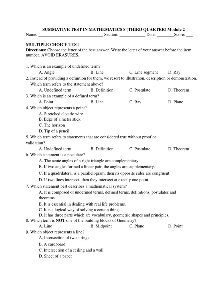 First Summative-Third Grading | PDF | Line (Geometry) | Plane (Geometry)