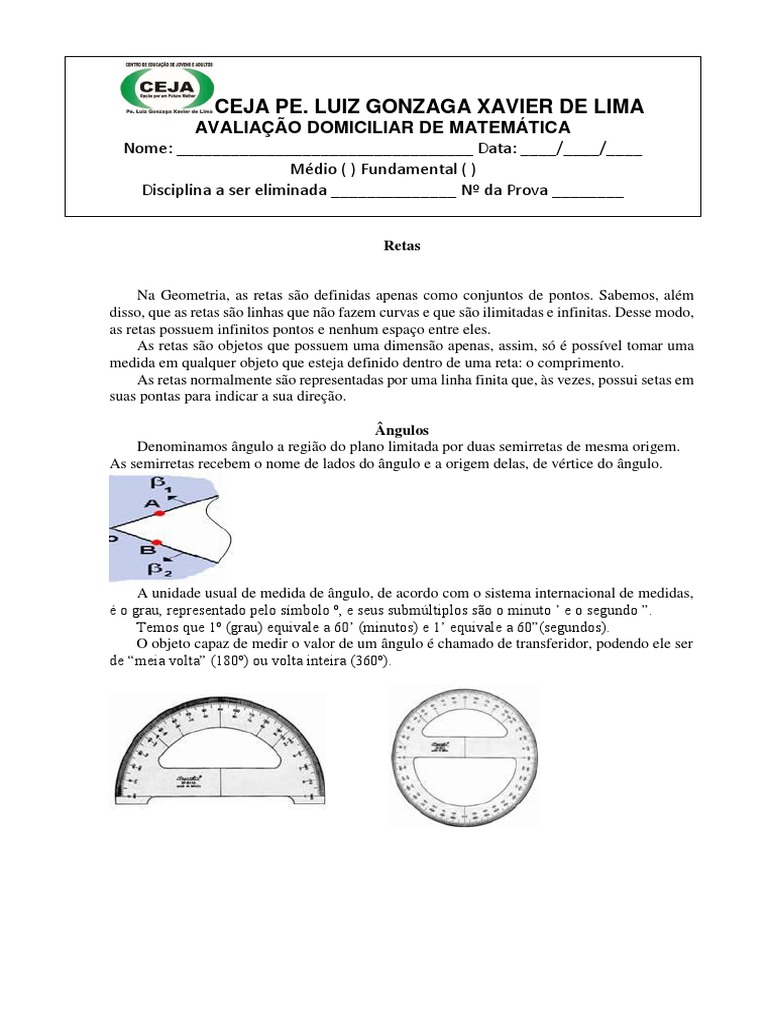 Avaliação de Matemática Retas e Ângulos | PDF | Linha (Geometria) | Ângulo