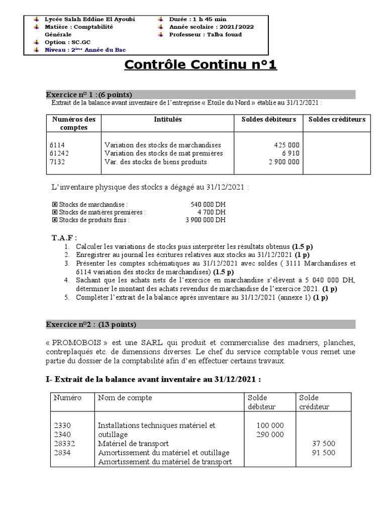 Contrôle Compta | PDF | Dépréciation | Comptabilité