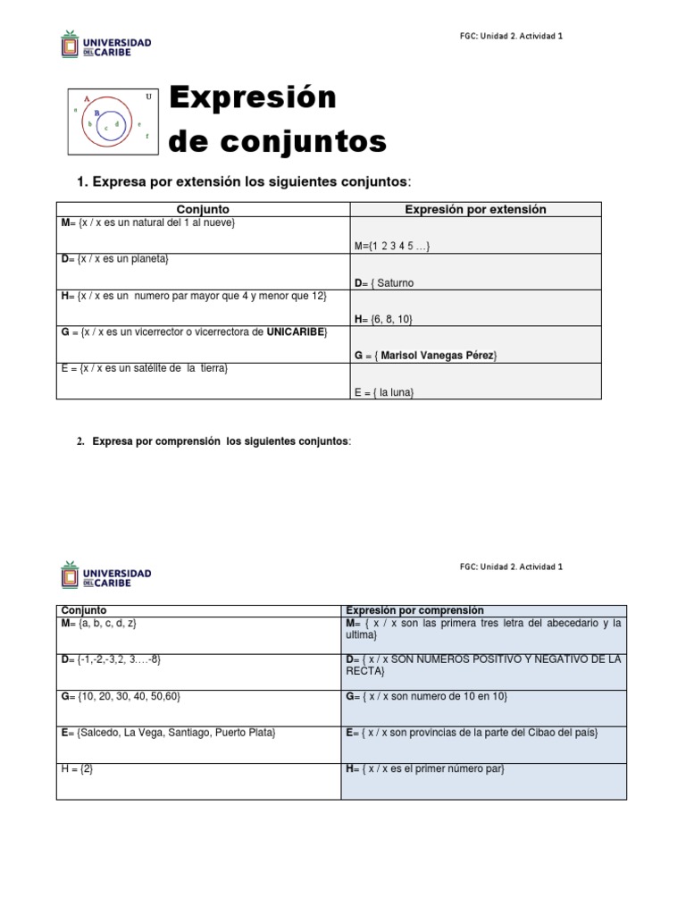 Unidad 2. Actividad Expresiones de Conjuntos | PDF