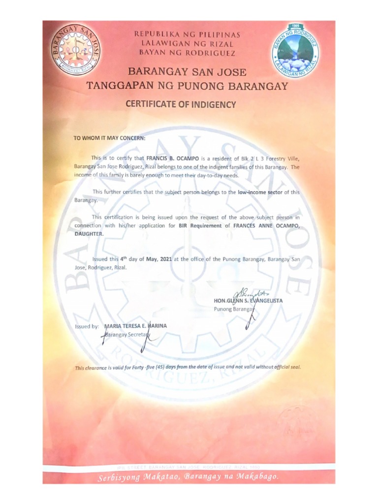 Ocampo Certificate of Indigency Full | PDF