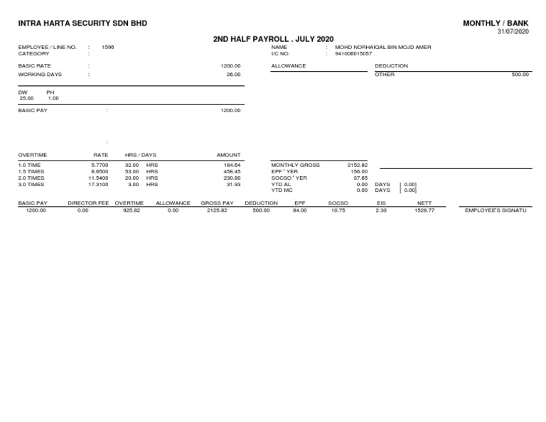 Pay Slip Intra Harta Security SDN BHD | PDF