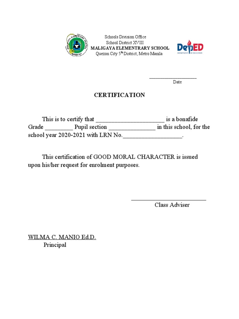 Certification: Schools Division Office School District XVIII Quezon ...