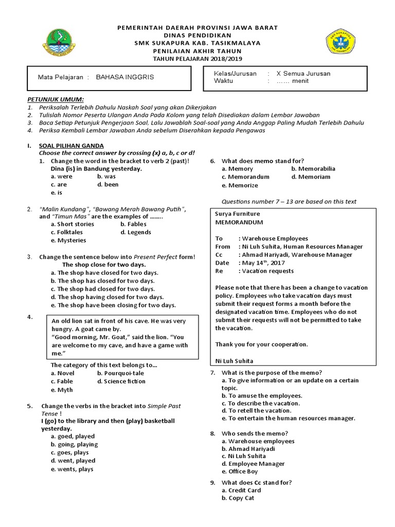 Soal PAT B. Inggris Kelas X | PDF | Linguistics | Language Mechanics