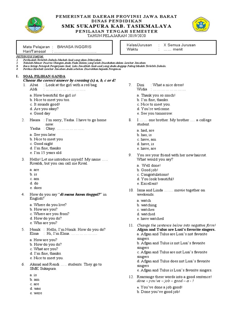 Soal PTS Bahasa Inggris Kelas X | PDF | Languages | Foreign Language Studies