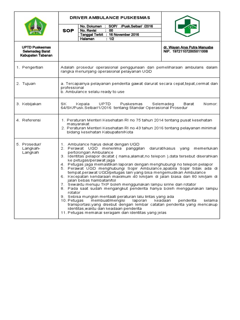STANDAR OPERASIONAL PROSEDUR PENGGUNAAN DAN PEMELIHARAAN AMBULANCE DI ...
