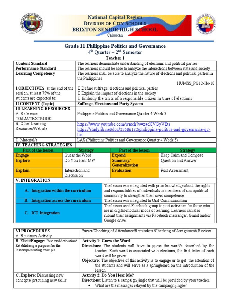 D C S Brixton Senior High School Grade 11 Philippine Politics and Governance | PDF | Educational ...